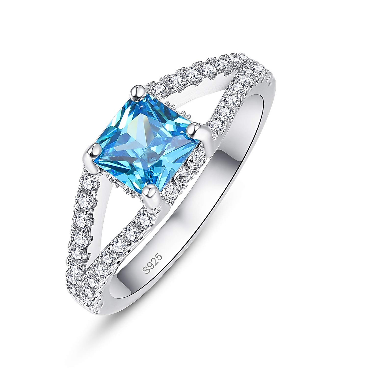 Empsoul 925 Sterling Silver Wedding Ring Princess Cut 6.5x6.5mm Blue Topaz Wedding Engagement Promise Ring Size 6