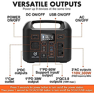 GOLABS R300 Portable Power Station, 299Wh LiFePO4 Battery Backup with 300W Pure Sine Wave AC Peak 500W, Car Outlets, PD 60W Quick in/out Solar Generator for Outdoor Camping Emergency CPAP Black