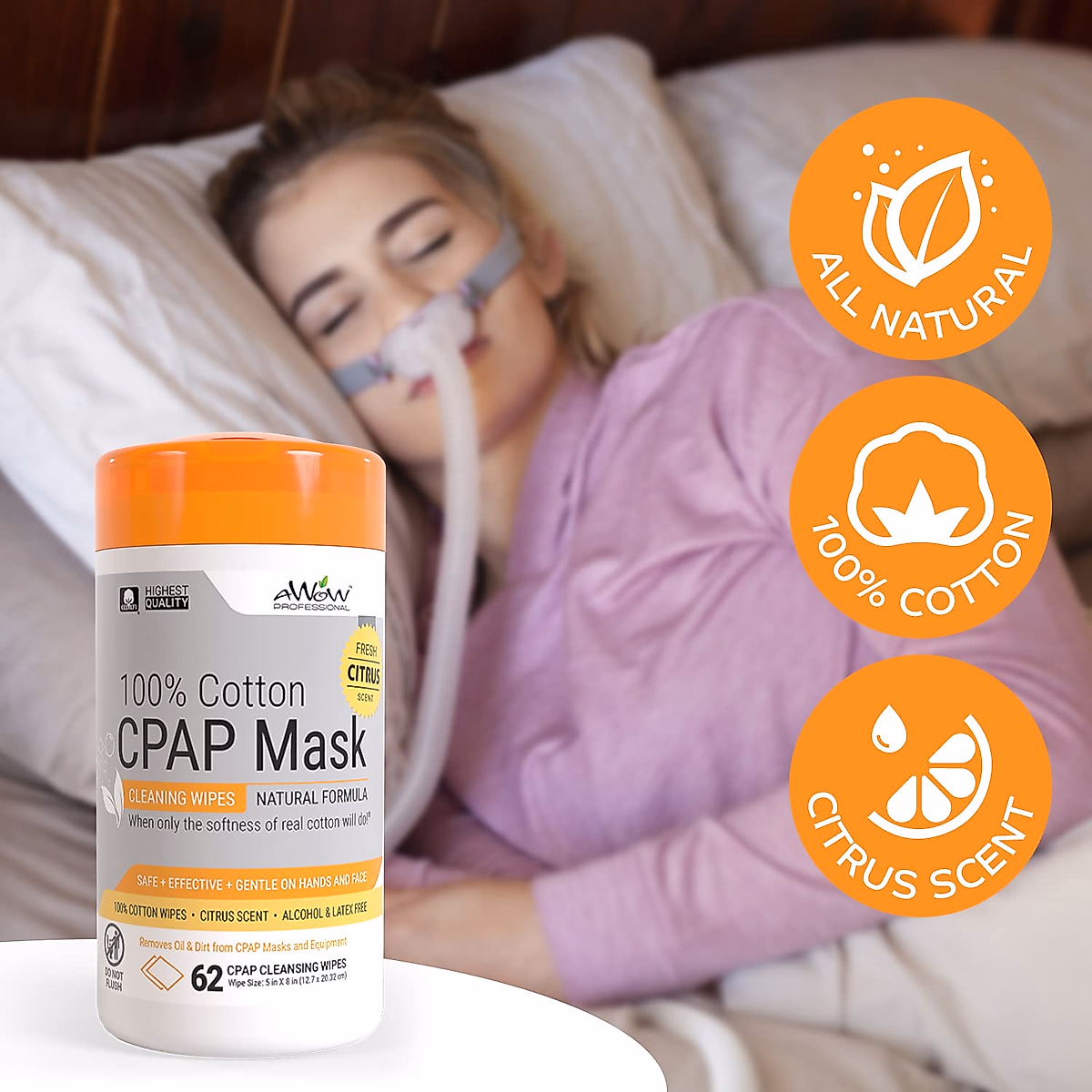 AWOW Scented CPAP Wipes CPAP Mask Cleaner for Daily CPAP/BiPAP Mask Maintenance, 100% Cotton Safe on CPAP Masks, Mildly Scented Citrus Fragrance 62 ct CPAP Mask Wipes (3pk, 186 CPAP Cleaning Wipes)
