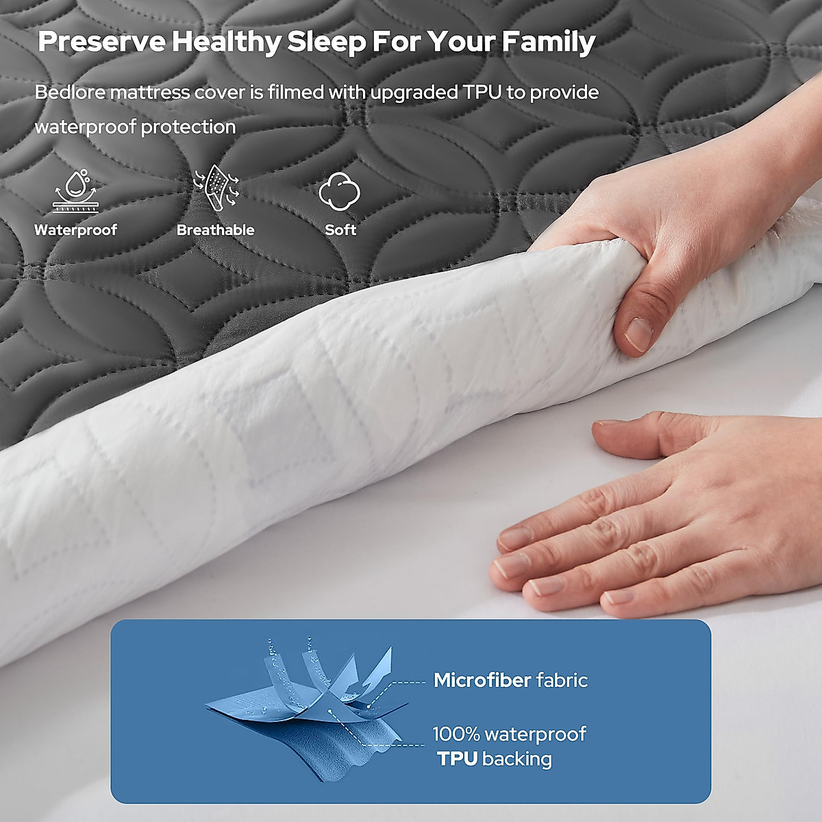 BEDLORE Waterproof Mattress Protector, Twin XL Size Mattress Pad with Deep Pocket 6"-15" Depth, Soft Breathable Dirt-Proof Bed Mattress Cover for Bedroom, College Dorm (Gray)