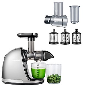 AMZCHEF Slow Masticating Juicer Bundled with Slicer Shredder Attachments, Cold Press Juicer With Silent Motor and Reverse Function,3 Interchangeable blades for Juicing and Shredding Cheese