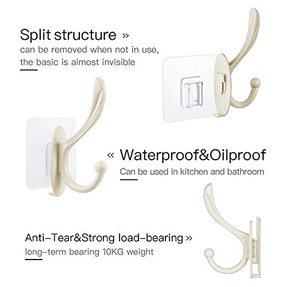 Coat Hook 8 Pack Split Design Heavy Duty Transparent Reusable Seamless Wall Mounted Double Removable Hooks for Coat,Scarf,Bag,Towel,Key,Cap,Cup,Hat(Beige)