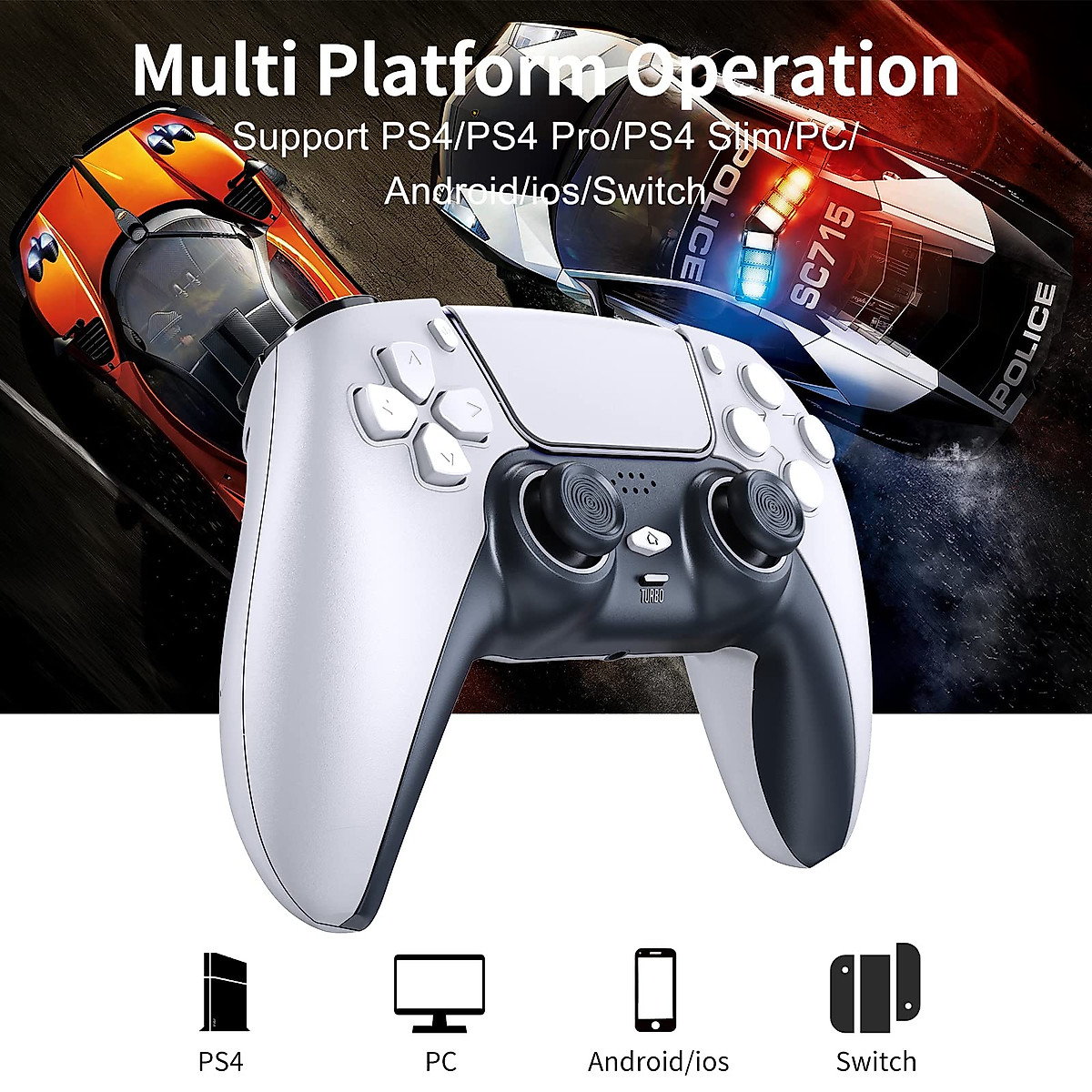 Wireless for PS4 Controller,joystick Gamepad with Vibration shock 4 Built-in Speaker 1000Mah battery Auto Fire Turbo custom Button Compatible Play station-4/Slim/Pro/PC/Android/IOS/NS Switch(White)