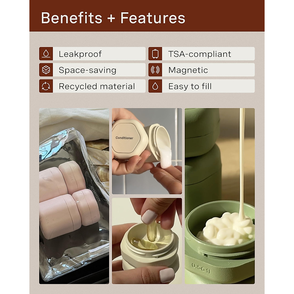 Cadence Travel Containers - Daily Routine Capsule Set - Magnetic Travel Capsules - For Shampoo, Conditioner, Body Wash, Pills, and More - 4 Flex Mediums (1.32oz) & 3 Flex Smalls (0.56oz) - Petal