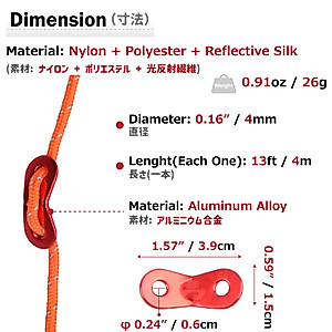 Azarxis Reflective Tent Guide Rope Lightweight Guy Line Cord with Aluminum Adjuster Tensioner for Camping Hiking Backpacking Essential Survival Gear 13 ft per piece (Fluorescent Green - 4mm - 12 Pack)