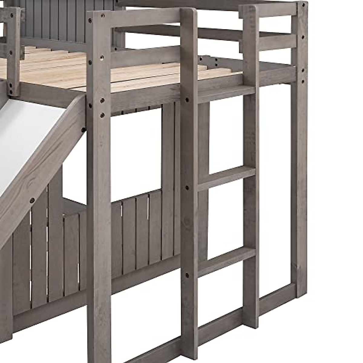 BOVZA House Bunk Beds with Slide, Wood Twin Over Full L-Shaped Bunk Beds with Roof, Windows, Ladder and Guardrails for Kids Teens Girls Boys, Antique Gray