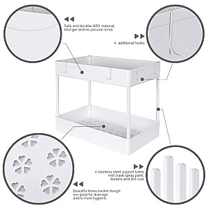Under Sink Organizers and Storage,Under The Bathroom Sink Storage,2 Tier Under Sink Shelf with 4 Hooks,Bathroom and Kitchen Countertop Standing Rack,Under Sink Organizer for Bathroom Kitchen,White