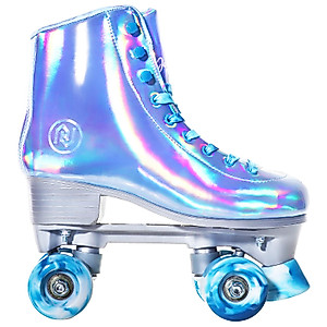 JajaHoho Roller Skates for Women, Shiny Holographic High Top Rollerskates, Mixture Color Double-Row Four Colour Frozen Wheels Quad Skates for Girls Age 8-51 Indoor Outdoor (Very Peri Blue, Size 8)
