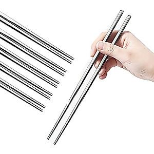 Metal Chopsticks, IQCWOOD 5 Pairs 9.5 Inch Stainless Steel Chopsticks, 304 Korean Chopsticks Reusable Dishwasher Lightweight Silver Reusable Chopsticks Set for Dinner