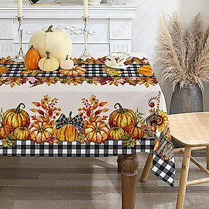 cusugbaso Fall Tablecloth 60x84 Inch Rectangle - Black Plaid Harvest Pumpkins Fall Decorations for Home - Water Resistant Thanksgiving Table Cloth Rectangle for Party, Dinning, Home