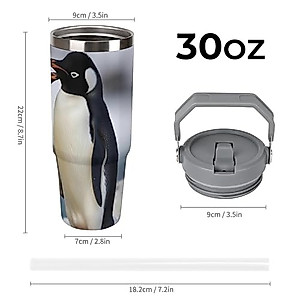 30oz Stainless Steel Insulated Tumbler with Flip Lid & Straw, Leakproof Travel Mug for Car, I Love Penguins Double Wall Vacuum Thermal Coffee Cup with Handle, Spill-Proof Design for Hot/Cold Drinks