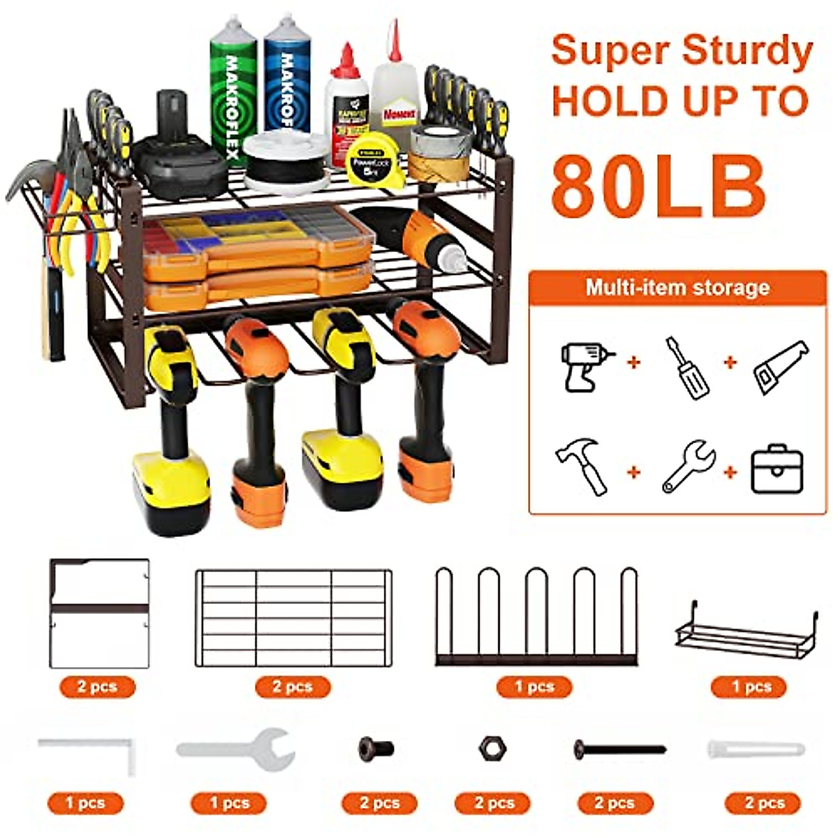 Power Tool Organizer, Heavy Duty Floating Tool Shelf, 3 Layers Metal Power Tool Holder Organization Garage Wall Mounted Utility Storage Rack for Cordless Drill Charging Station Screwdriver, Brown
