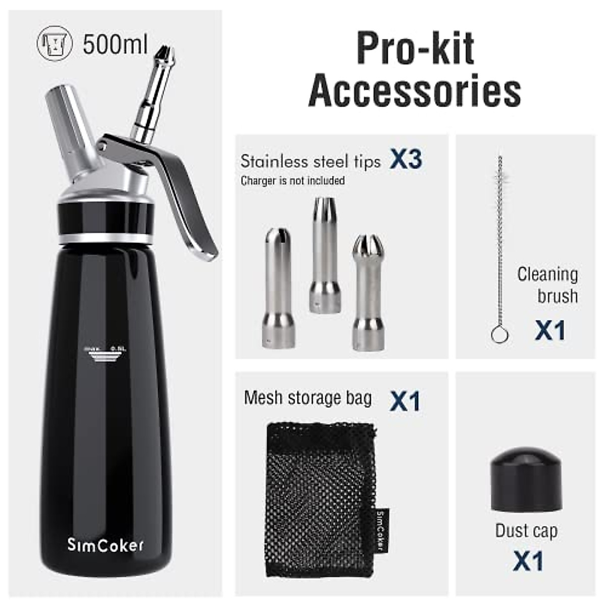 SimCoker Whipped Cream Dispenser, Aluminum Cream Whipper 500mL/1 Pint,3 Stainless Culinary Decorating Nozzles, 1 Brush, 1 Storage Bag, Homemade Cream Maker, N2O Chargers Not Included