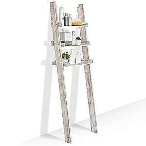 MyGift Over-The-Toilet Storage Shelves, 3-Tier Rustic Whitewashed Wood Leaning Bathroom Ladder Shelf