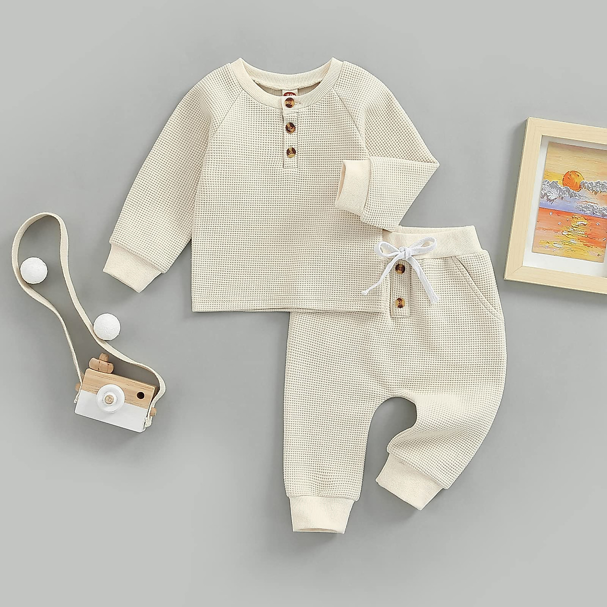 CIYCUIT Toddler Baby Boy Clothes Long Sleeve Waffle Sweatshirt Pants Set 0 6 12 18 24 Months 2T 3T Fall Winter Outfits Beige 6-12 Months