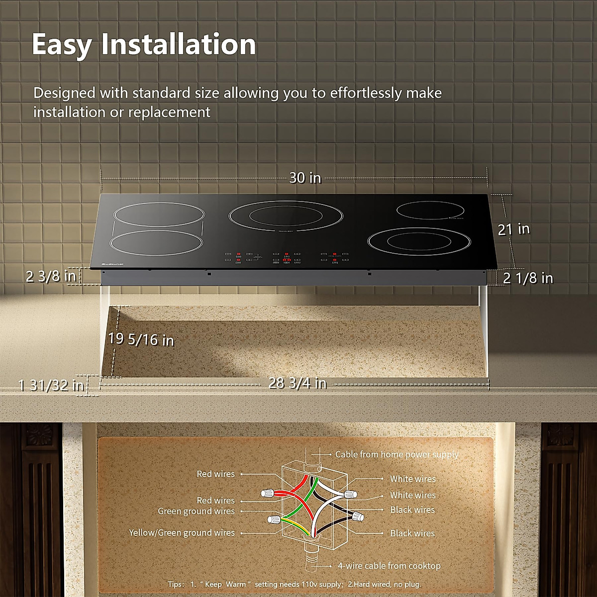 Gudsunal 30 Inch Electric Cooktop 5 Burners, ETL & FCC Certificated, Sync Elements, Keep Warm Setting, 9 Heating Level, Timer, Child Lock & Auto Shutdown, Drop-in Electric Stove Top