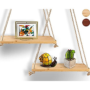 Comfify Modern Set of 2 Wooden Floating Shelves with String – Farmhouse Boho Wall Decor for Living Room Wall – Natural Wood Decorative Shelves with Rope – 17”x5.2” - Natural Color