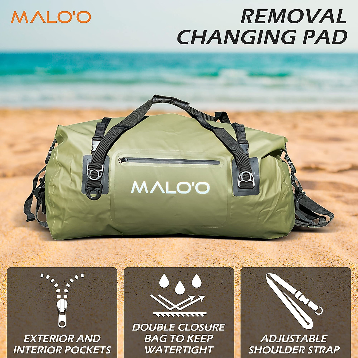 Malo'o 3-in-1 Wetsuit Changing Bag – Integrated changing mat, wetsuit watertight carry bag and XL 60 Liter Roll-Top Dry Bag. Surfing, Paddle-Boarding