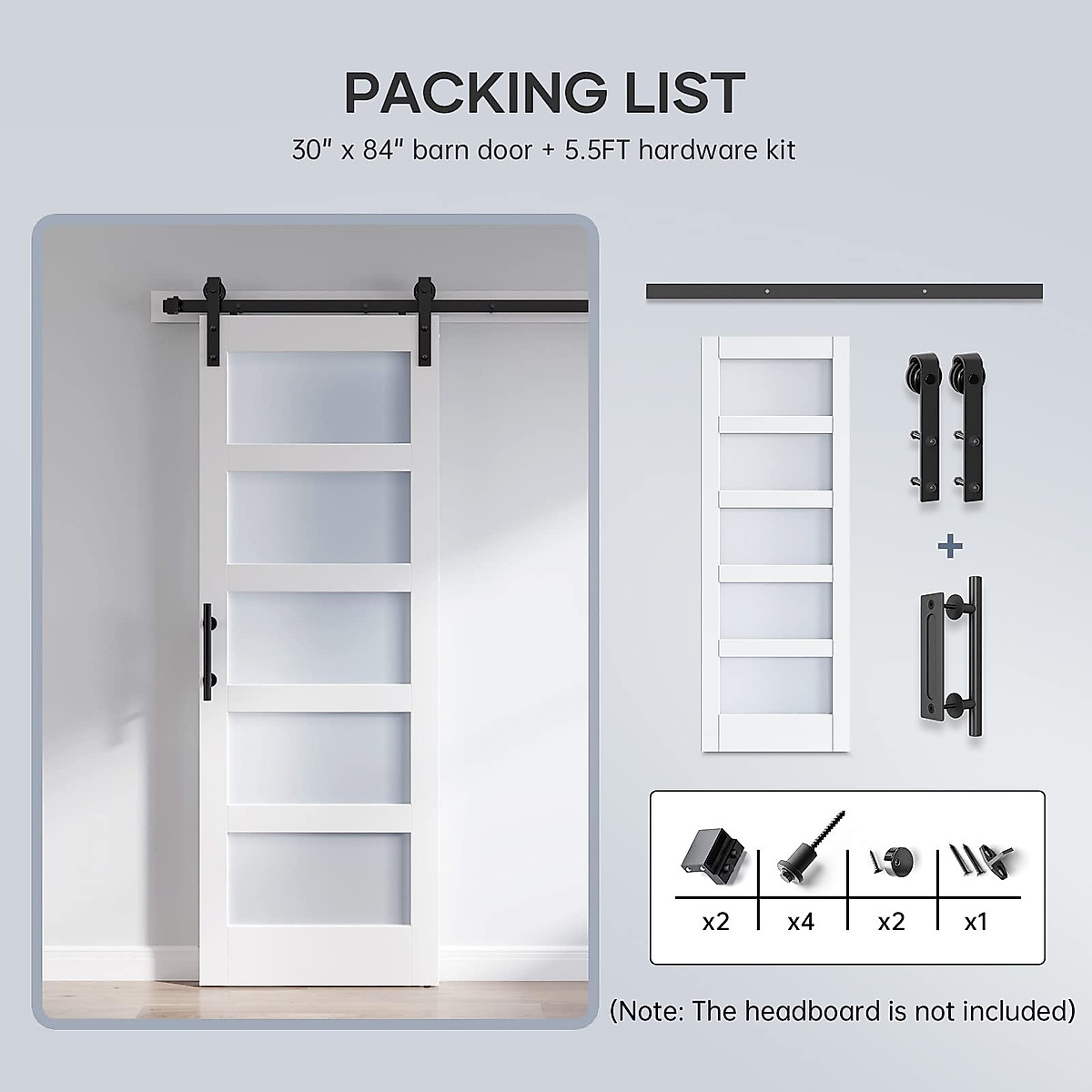 ROYMELO 30x84 Inch Glass Sliding Barn Door Slab and 5.5ft Hardware Kit Included, 5 Frosted Glass, LVL Wood Panel Covered with White Water-Proof Scratch-Proof PVC Surface, Simple DIY Assembly