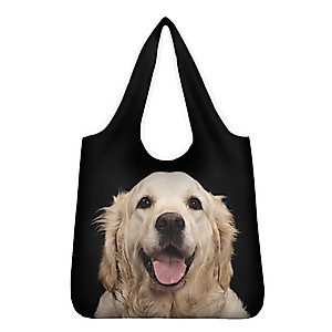 WELLFLYHOM Reusable Grocery Bags Machine Washable Cute Dog Golden Retriever Foldable Washable Reusable Bags Grocery Foldable Tote Bag for Shopping, Black