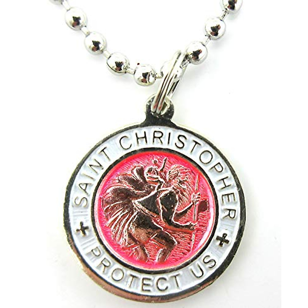 Baja Billy's St. Christopher Surf Medal Necklace Pendant, Protector of Travel fu-wh Fuchsia-White Small
