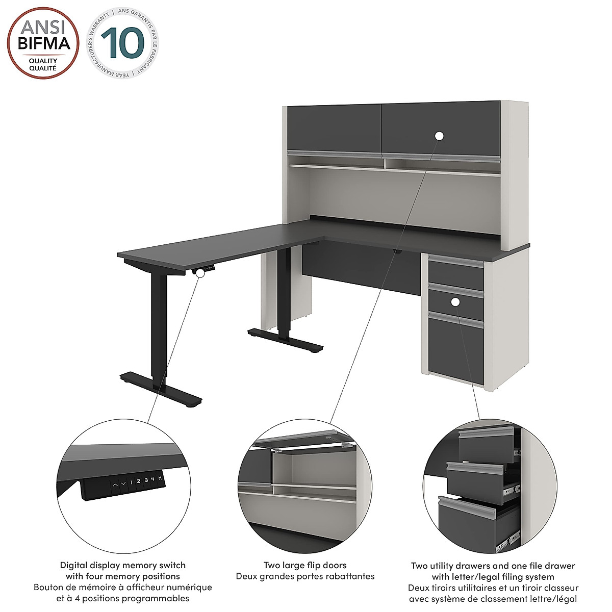 BESTAR Connexion L-Shaped Standing Desk with Pedestal and Hutch, 72W, Slate/Sandstone