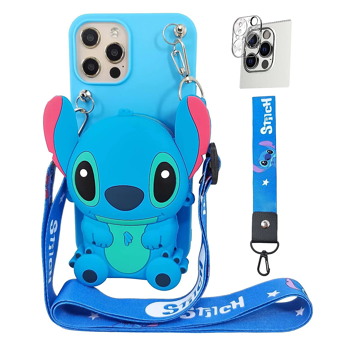 Maoerdo Case Compatible with iPhone 13 Pro Max Cute 3D Cartoon Purse Wallet with Lanyard Wrist Strap Silicone Cover Camera Lens Protector for iPhone 13 Pro Max 6.7-inch 2021 Alien Dog Blue