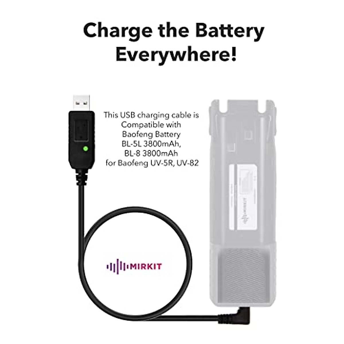 Mirkit 2.5mm USB Charger Cable with Light Indicator for Baofeng Battery UV-5R and UV-82 3800mAh BL-5L and BL-8 High Capacity Batteries for Two Way Radios