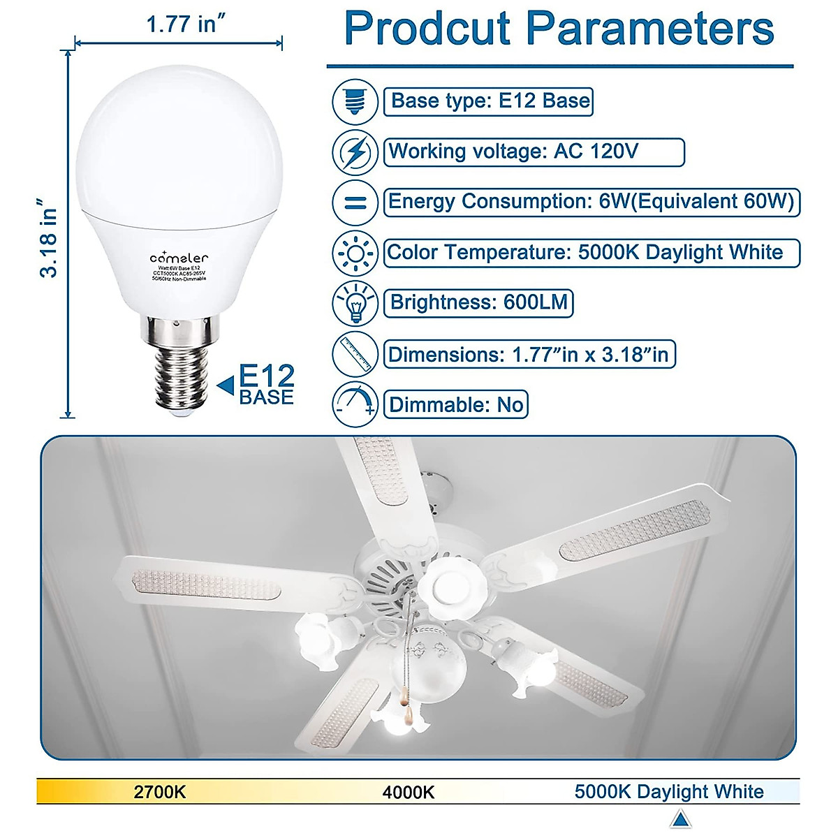 comzler Ceiling Fan Light Bulbs Candelabra LED Bulbs - 60 watt Equivalent, 5000K Daylight White Candelabra E12 Base A15 Small Light Bulbs,600lm,Non-Dimmable, Pack of 6