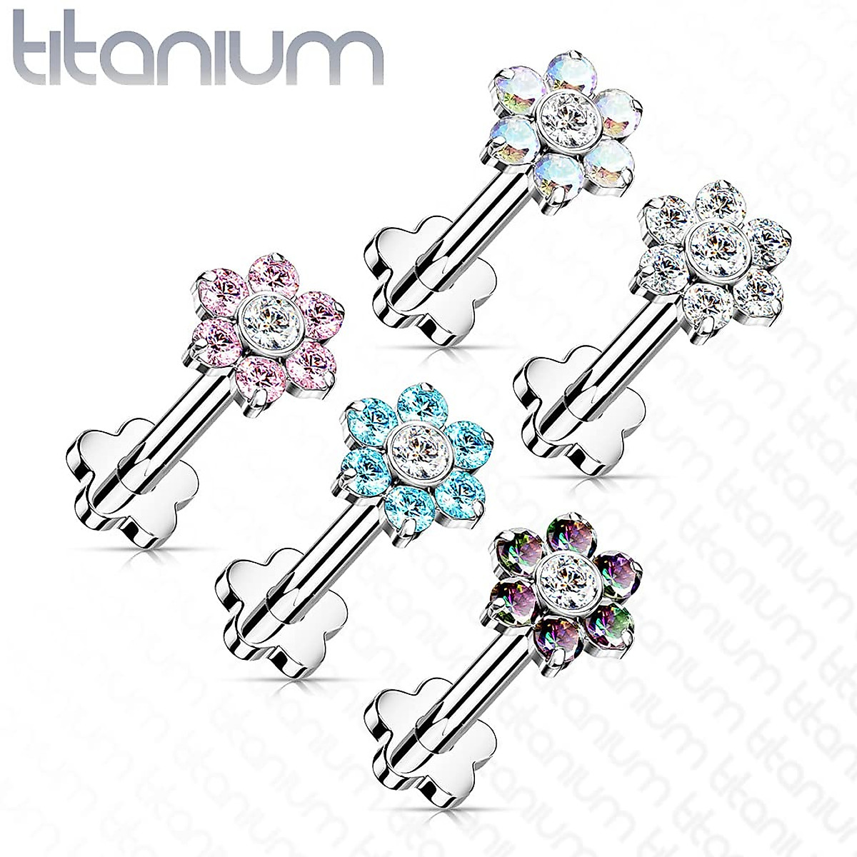 Dynamique Implant Grade Titanium Threadless Push In Flower Base Labret, Flat Back Studs With CZ Flower Top For Cartilage, Monroe (Sold Per Piece)