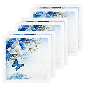 KEEPREAL 6 Pack Blue Hydrangeas and Butterfly Washcloths Set - Highly Absorbent Pure Cotton Wash Clothes - Soft Fingertip Towel for Bath, Spa