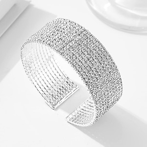 Ecesha Sparkly Silver Simple 10 Rows Rhinestone Crystal Cluster Wide Arm Cuff Bracelet Wedding Jewelry for Women Bridal Gift for Formal Prom Party
