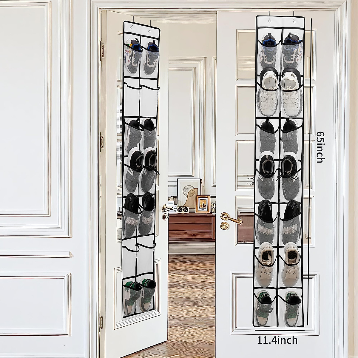 PVWSG Over The Door Shoe Organizer, 14 Large Mesh Pockets Hanging Shoe Rack for Closet Organizers and Storage, White, 2-pack (white)