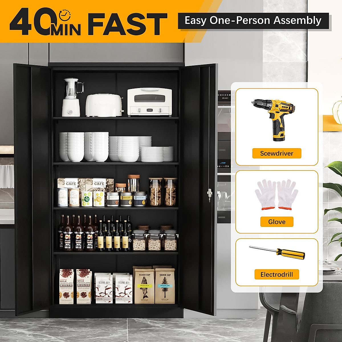 Greenvelly Metal Garage Storage Cabinet with Lock, 72" H Black Metal Cabinet with 2 Doors and 4 Adjustable Shelves for Office,Home,Garage,School(32" W x 16" D)