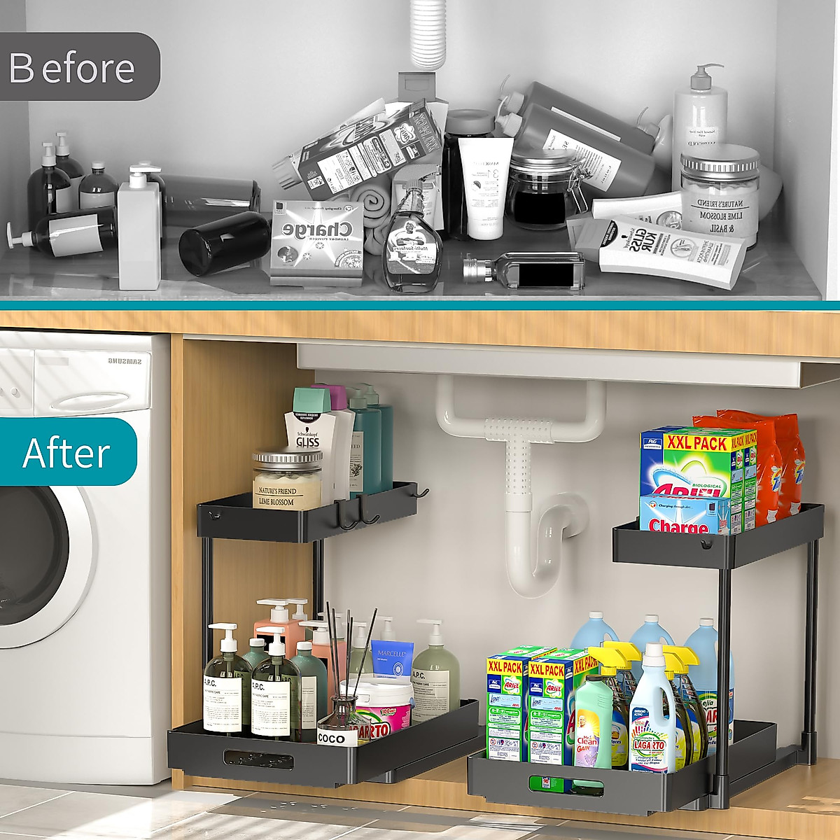 JWQ Under Sink Organizer 2 Pack, Pull Out L-Shaped Bathroom Kitchen Sink Organizers and Storage, Versatile 2 Tier Under Sink Cabinet Drawer Shelf, Bathroom Accessories and Kitchen Essentials, Black