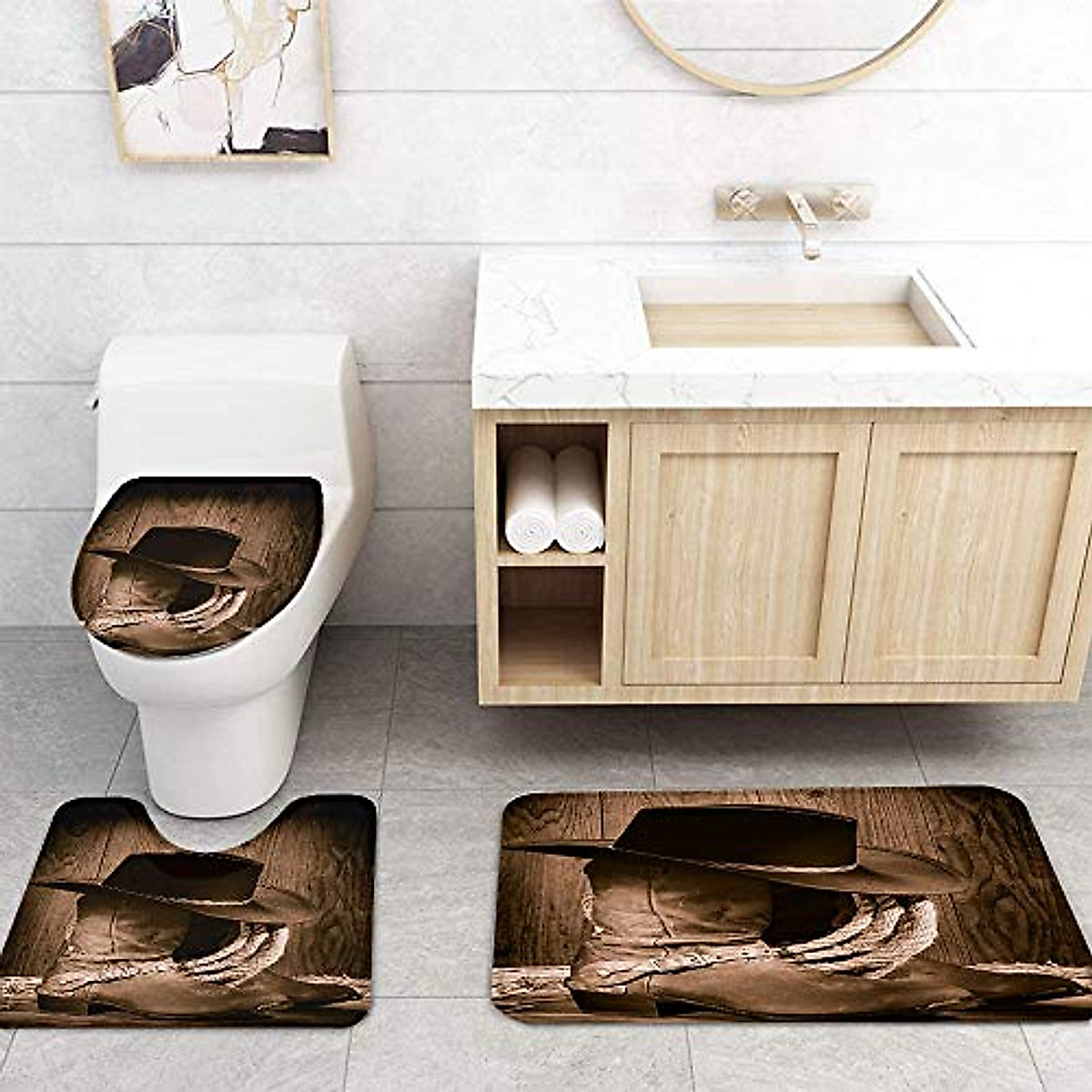 Bathroom Accessory Sets Toilet Lid Cover Sets with Non-Slip Bath Mat Cowboy Hat and Old Ranching Rope On Wooden Display Rodeo Cowboy Style 4pcs Waterproof Shower Curtain 66x72in for Bathroom Toilet