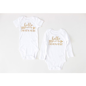 OoSweetCharlotteoO Newborn Baby Girl Coming Home Outfit Hello I am New here Bodysuits 3pcs (Newborn) (Newborn, Peach Short Sleeve)