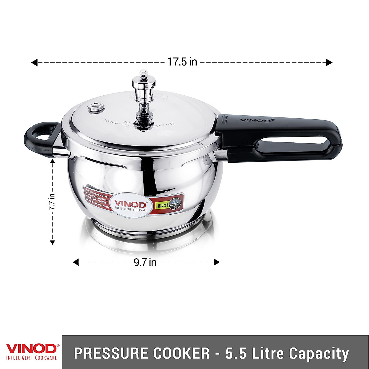 Vinod Pressure Cooker Stainless Steel – Glass Lid Handi Pot - 5.5 Liter – Indian Pressure Cooker – Stove Top Sandwich Bottom – Best Used For Indian Cooking, Soups, and Rice Recipes, Quinoa