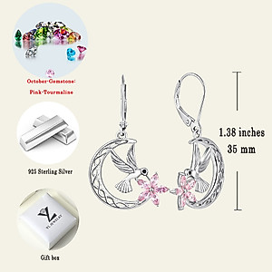 YL Hummingbird Earrings Sterling Silver Celtic Moon Flowers Dangle Drop Earrings Created Pink Tourmaline Leverback Jewelry for Women