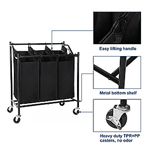 SONGMICS Rolling Laundry Cart Sorter, with 3 Removable Bags, Casters and Brakes, Black