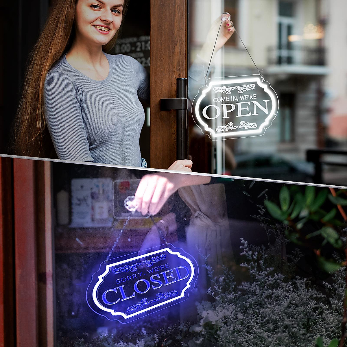 MinIeoh Open Closed LED Neon Sign, 3D Engraved Light Up Wall Door Window Decor Sign, 2PCS/SET, For Business Coffee Beer Salon Studio Bar Restaurants Hotel Office