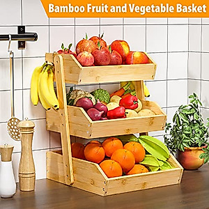Gmtsl Bamboo Fruit Basket – 3 Tier Fruit Bowl For Kitchen Counter, Large Capacity Fruit Holder With 2 Banana Hangers, Idea For Fruit and Vegetable Storage, Bread Basket, Snack Organizer(BAMBOO)
