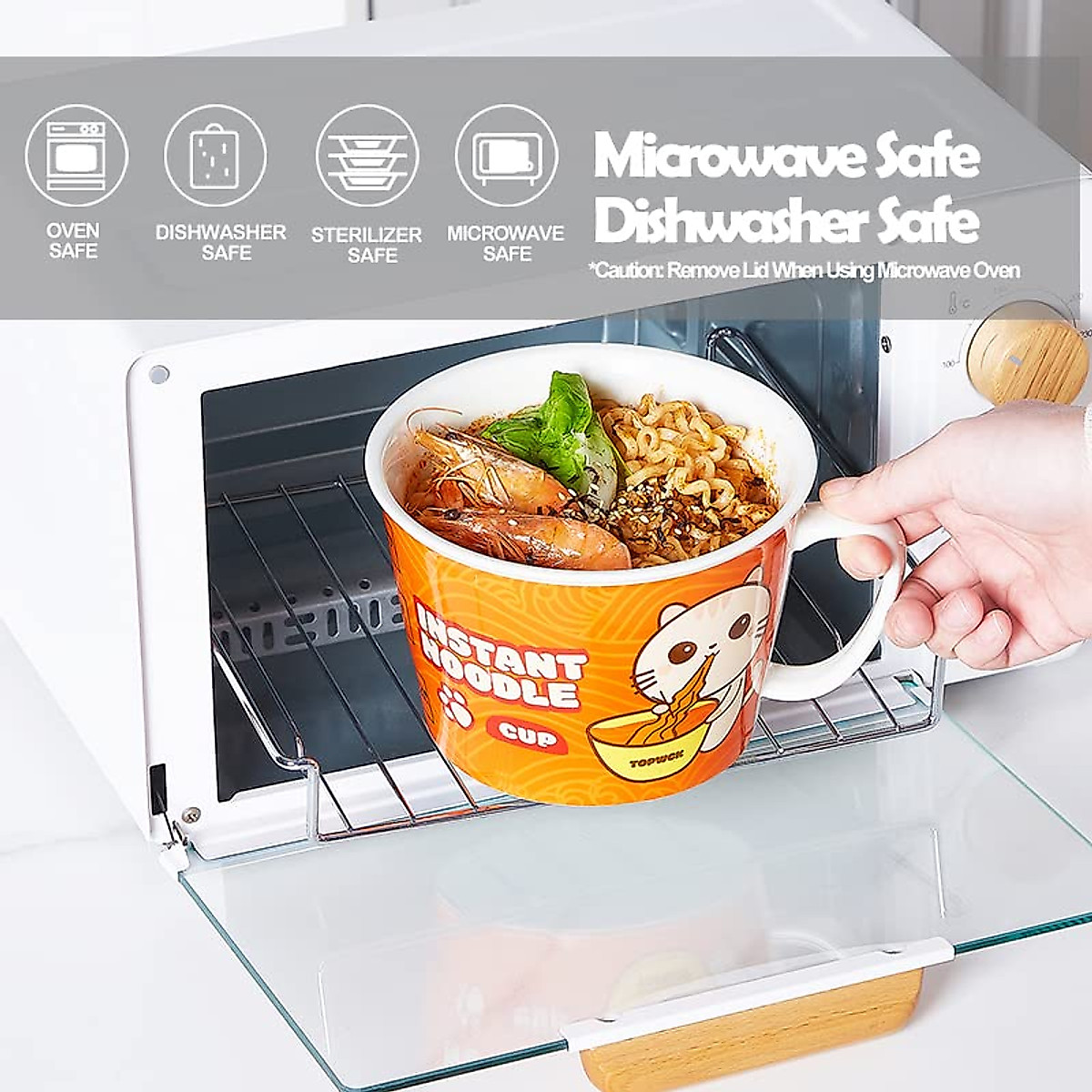 TOPWCK 34oz Large Microwavable Ceramic Ramen Bowl with Lid, Handle, Chopsticks, Cute Anime Japanese Instant Noodle Cooker Soup Bowl, Gift for Teens Kids (Cat)