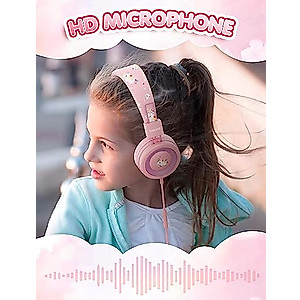 SIMJAR Unicorn Headphones with Microphone for School, Unicorn Rubber Band Included, Volume Limiter 85/94dB, Wired Foldable Girls Headphones for Online Learning/Travel/Tablet/iPad (Pink)