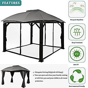 DURCOVER 10x10ft Universal Replacement Mosquito Netting, Universal Gazebo Netting with Zippers for Outdoor Garden Patio Gazebo 4-Panel Screen Sidewalls, Black (Mosquito Net Only)
