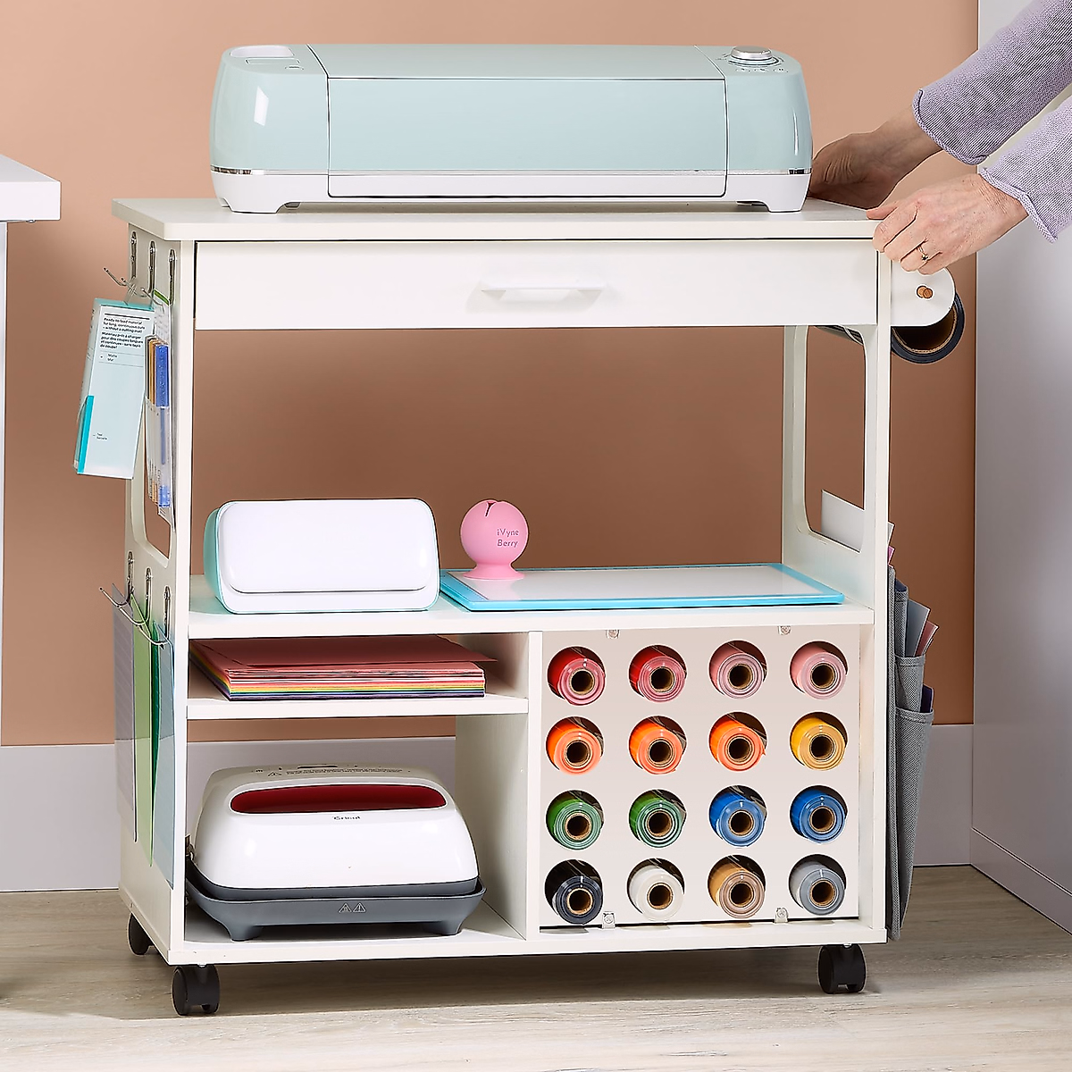 iVyne Craft Cart, Ultimate Organization & Storage Table for Cricut/Silhouette, Craft Table with Storage, Workstation for Accessories, iVyne Berry, Vinyl Rolls, and More - White