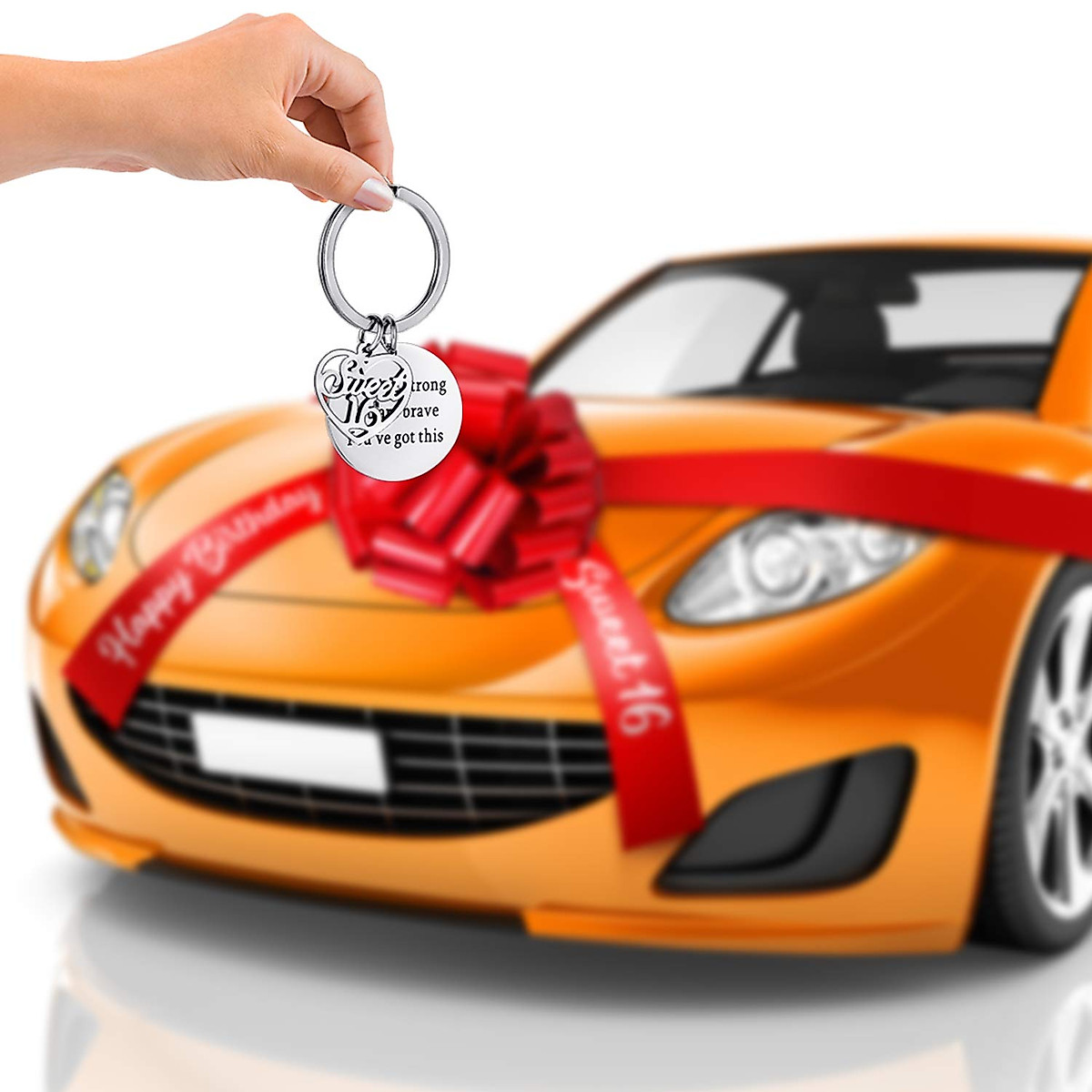 20 Inches Car Bow Sweet for Happy Birthday 16 Car Red Pull Bow Car Large Wrapping Bow Decoration with 20 Feet Car Ribbon and Sweet Keychain for 16th Birthday