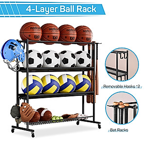 Mythinglogic Basketball Rack, Ball Storage with Baseball Bat Holder, Rolling Ball rack with Removable Nylon Mesh for Various Ball Sizes, Basketball Holder for Football Basketball Soccer Ball