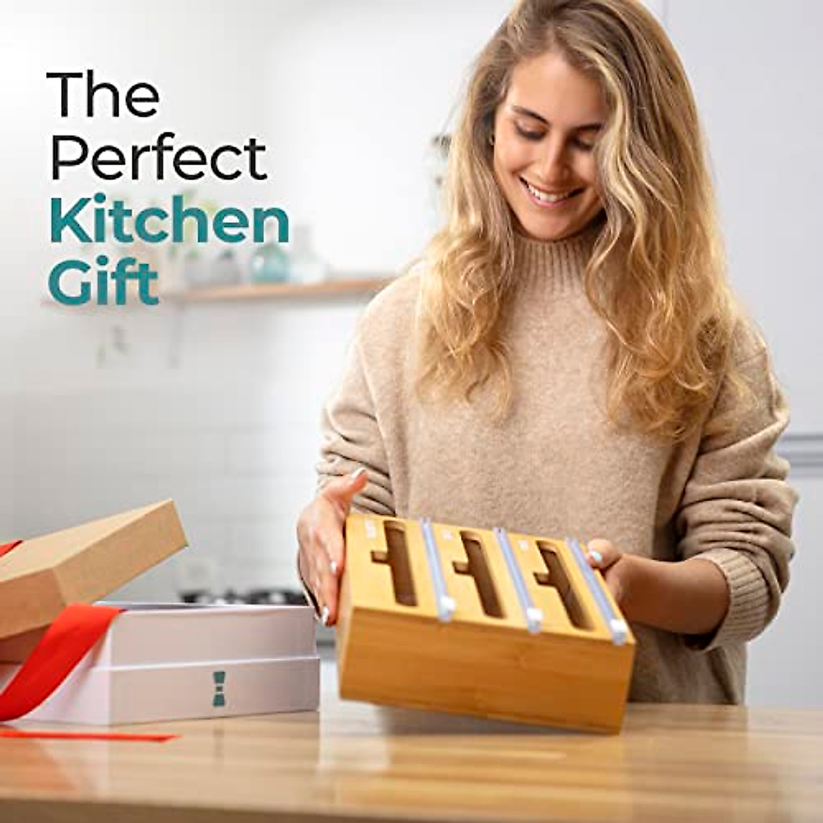 Bamboo Foil & Plastic Saran Wrap Dispenser with Cutter - Tin Foil Organizer for Drawer, Aluminum Foil Dispenser with Cutter, Plastic Wrap Organizer, Foil Paper, Aluminum Foil Organization and Storage