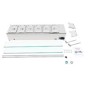 110V Bain Marie Food Warmer 6 Pan x 1/3 GN Food Grade Stainelss Steel Commercial Food Steam Table 6-Inch Deep 1200W Electric Countertop Food Warmer 19 Quart with Tempered Glass Shield, Pans, Lids